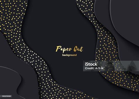 검은 종이 3d 배경을 잘라 황금 반짝임 추상 사실적인 종이 컷 물결 모양의 레이어 벡터 일러스트 플라이어 레이아웃 템플릿입니다 어두운 배경 소재 디자인 컨셉 3차원 형태에