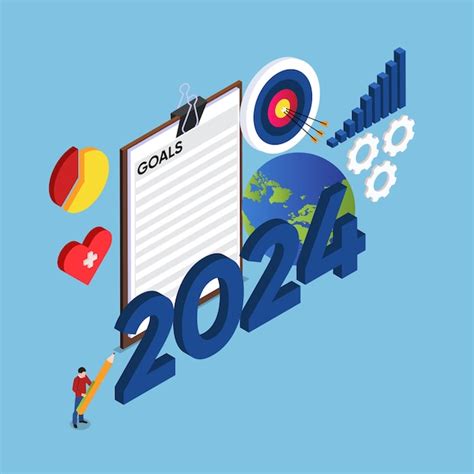 Человек пишет цели в области труда и здоровья на 2024 год Премиум векторы