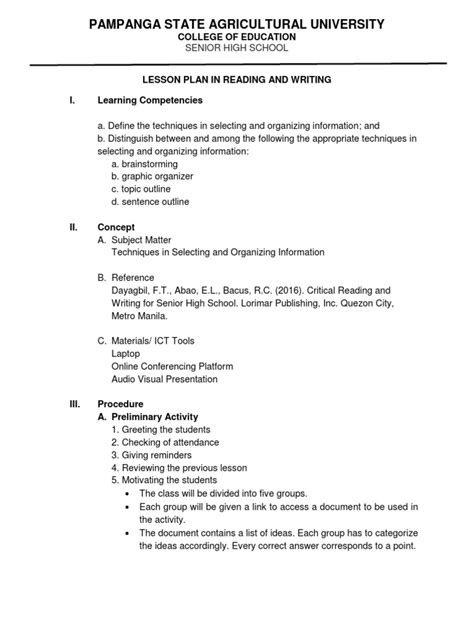 Sample Lesson Plan Pdf Brainstorming Lesson Plan