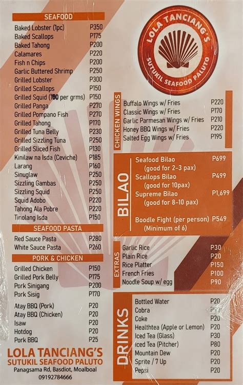 Menu At Lola Tanciangs Sutukil Seafood Paluto Moalboal Restaurant