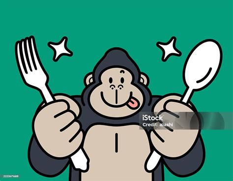 숟가락과 포크를 들고 혀를 내밀며 관람객을 바라보는 귀여운 고릴라 정면도 평면 색상의 검은색 윤곽선 미니멀한 스타일 건강한