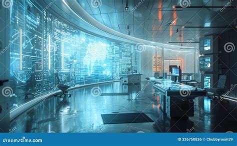 Futuristic Control Room With Glowing Screens Displaying Data Holographic Projections And