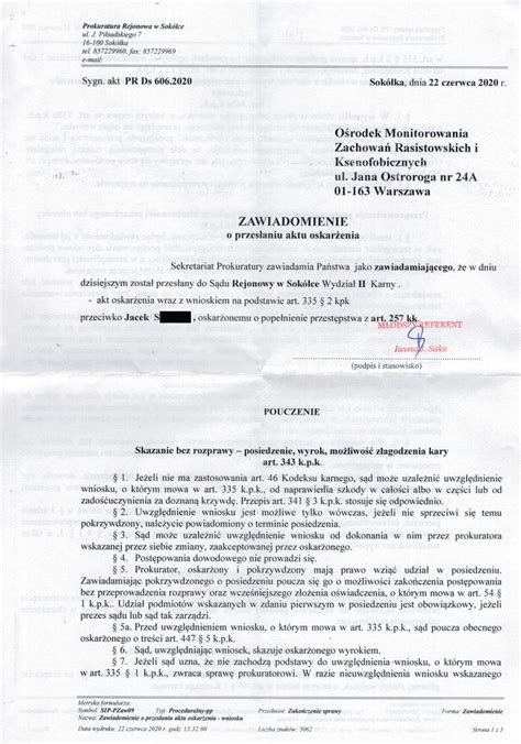 OMZRiK Akt oskarżenia w sprawie rasistowskiego komentarza