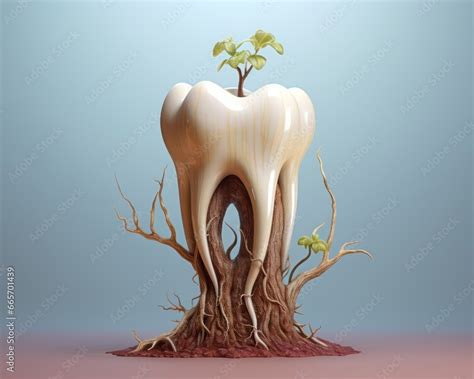 Plastic Tooth Mascot With Tree Roots And Leaves Growing Out Of It