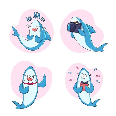 Premium Vector Set Of Cute Hand Drawn Sharks Laughing Taking Photos