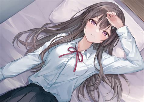 Safebooru 1girl Arm Up Bed Sheet Black Skirt Breasts Brown Hair