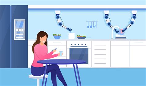 젊은 매력적인 소녀는 스마트 폰을 통해 요리 과정을 제어합니다 스마트 키친 컨셉 일상 생활에서 미래 기술 현대 부엌 인테리어 로봇 도우미는 음식 플랫 벡터를 준비 가구에