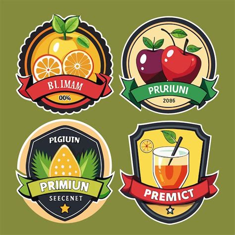Four Circular And Shieldshaped Labels With Images And Text On Them