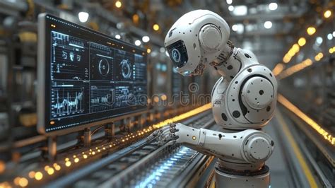 Ai Driven Humanoid Robot Analyzing Data On Digital Display Stock Illustration Illustration Of