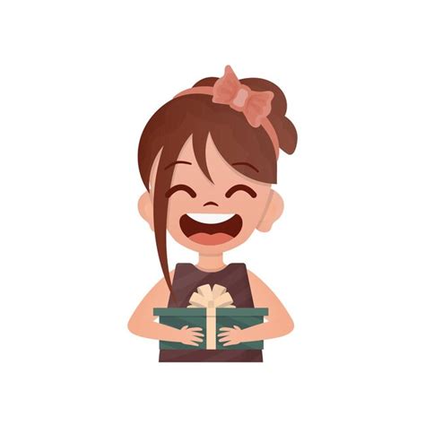선물을 들고 행복 한 아기 소녀 만화 스타일 벡터 그리기 프리미엄 벡터