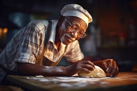 An Elderly Darkskinned Male Baker Prepares Bread Dough In The Kitchen