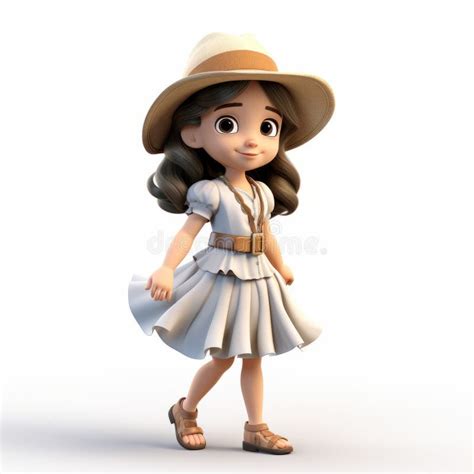 Cartoonish 3d Render Of Julia A Youthful Protagonist In A White Dress With Hat Stock