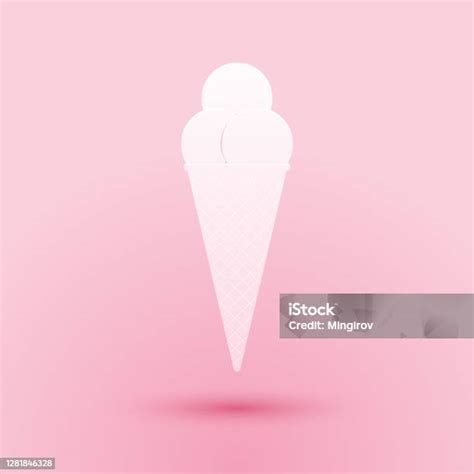 분홍색 배경에 고립 된 와플 콘 아이콘에 아이스크림을 잘라 종이 종이 아트 스타일 벡터 아이스크림에 대한 스톡 벡터 아트 및 기타 이미지 아이스크림 자르기 거품 내기