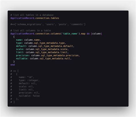Listing All Tables And Listing The Columns Of A Respective Database Table Of The A Rails