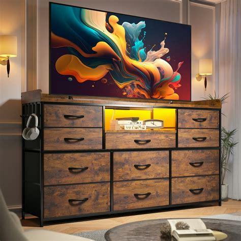 Enhomee Tv Stand For 55 Tv Fabric Dresser With Led Lights And Power