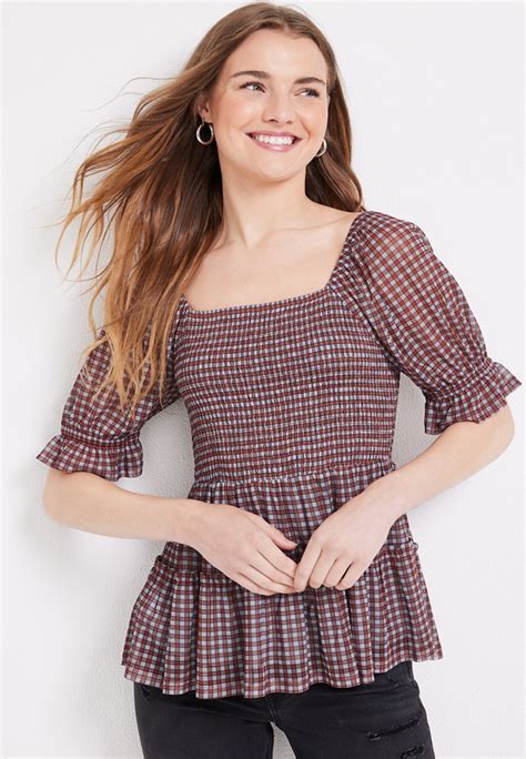 Gingham Smocked Mesh Peplum Top Maurices