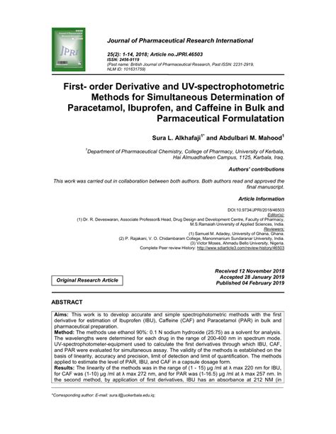 Pdf First Order Derivative And Uv Spectrophotometric Methods For Simultaneous Determination Of