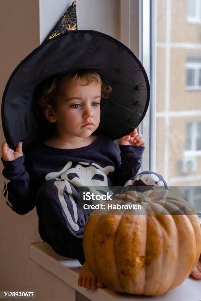 해골 의상을 입은 2 살짜리 어린 소년과 할로윈을위한 큰 모자가 창문에 앉아 있습니다 소년 근처의 큰 호박 10월에 대한 스톡 사진 및 기타 이미지 Istock