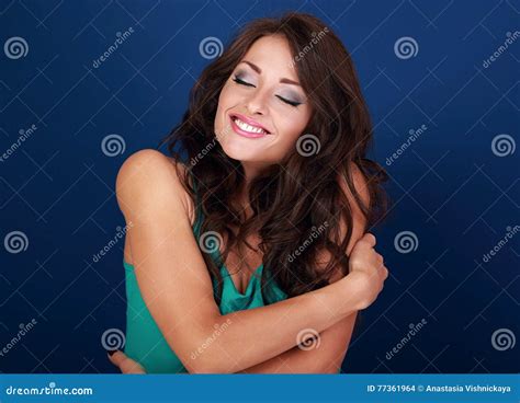 Happy Makeup Woman Hugging Herself With Natural Emotional Enjoying Face