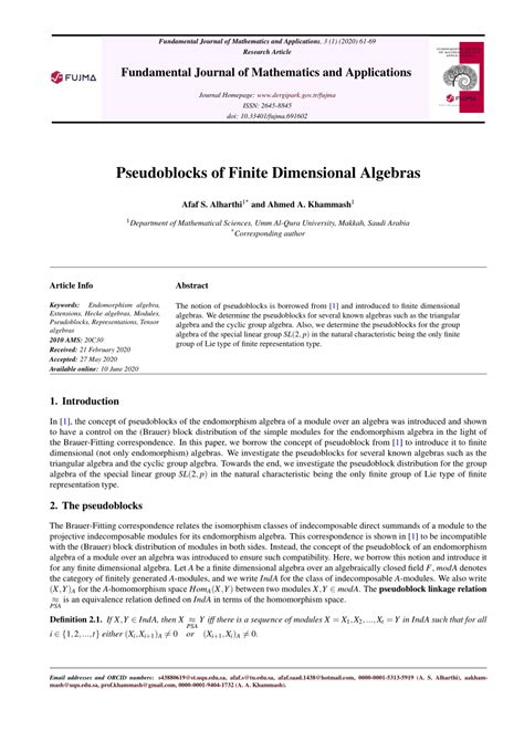 Pdf Pseudoblocks Of Finite Dimensional Algebras Article Info