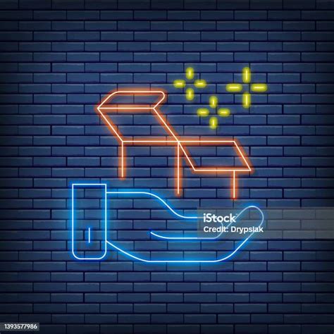 상자 배달 선물 네온 사인을 가진 벡터 손 네온 스타일의 벡터 일러스트레이션 개념에 대한 스톡 벡터 아트 및 기타 이미지