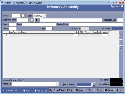Inventory Assembly Plattium Restaurant Software
