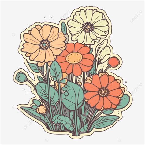 꽃다발 클립 아트에 꽃과 스티커 벡터 고립 된 만화 복고풍 꽃 스티커 디자인 상표 Png 일러스트 및 벡터 에 대한 무료 다운로드 Pngtree