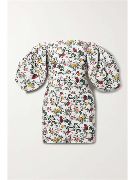 OSCAR DE LA RENTA Off The Shoulder Ruched Floral Print Cotton Blend