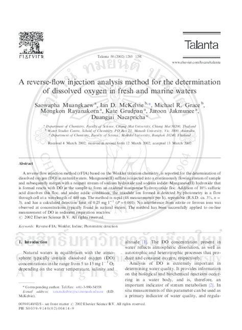 Pdf A Reverse Flow Injection Analysis Method For The Determination Of Dissolved Oxygen In