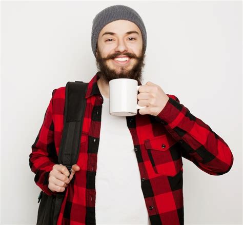 Premium Photo Food Happiness And People Concept Young Bearded Man