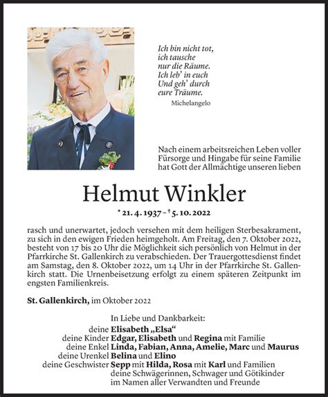 Todesanzeigen Von Helmut Winkler Todesanzeigen Vorarlberger Nachrichten