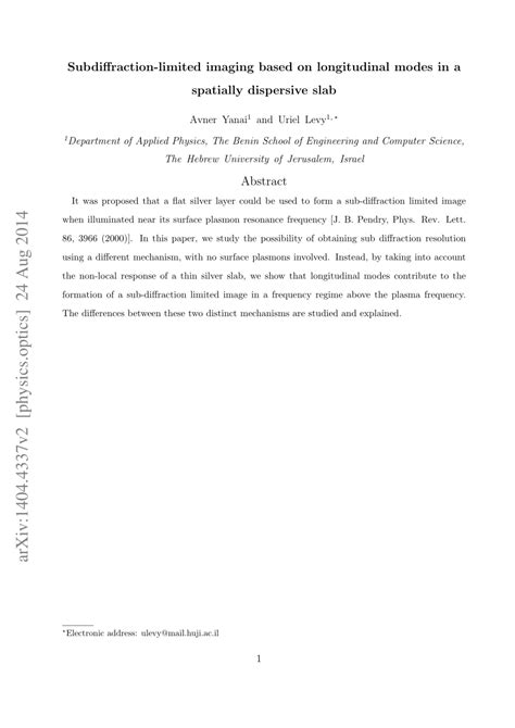 Pdf Sub Diffraction Limited Imaging Based On Longitudinal Modes In A Spatially Dispersive Slab