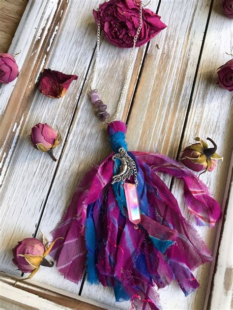 Bohemian Silk Tassel Necklace With Crystal And Crescent Moon Charm