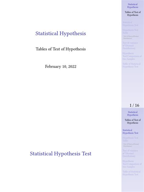 Statistical Hypothesis Tables Of Test Of Hypothesis Pdf