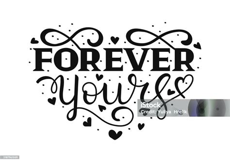 Forever Yours라는 문구가 있는 서예 레터링 손으로 그린 사랑의 단어는 사랑과 애정을 전달하는 섬세한 소용돌이로 하트