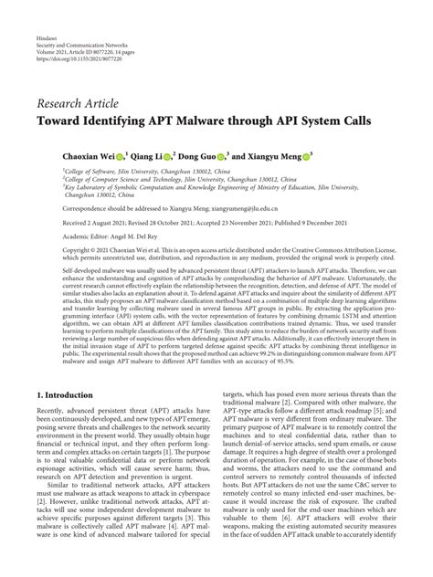 Pdf Toward Identifying Apt Malware Through Api System Calls