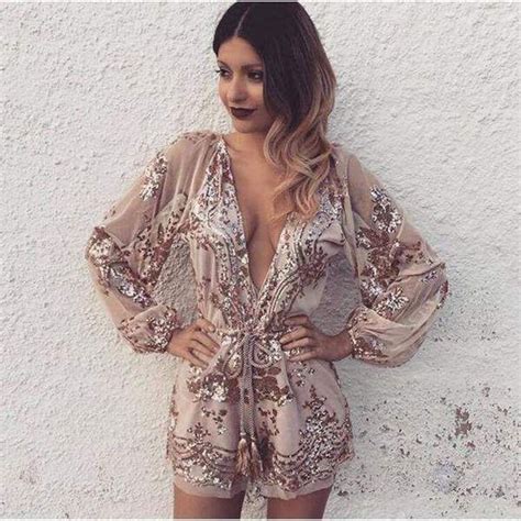 Plunge Neckline Mesh Sleeve Sequin Romper Fashion Fashion Clothes