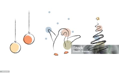 귀여운 펭귄 크리스마스 트리와 장식 벡터 손으로 그린 일러스트 가공의 인물에 대한 스톡 벡터 아트 및 기타 이미지 가공의 인물 개체 그룹 겨울 Istock