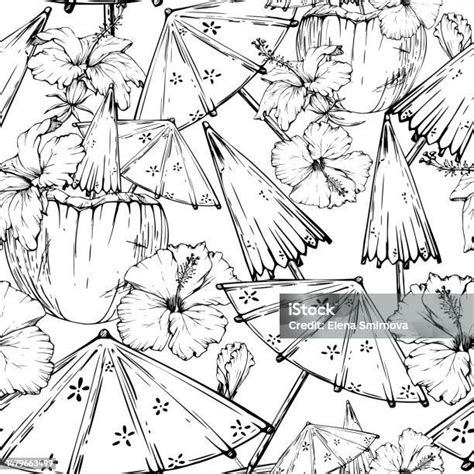 손으로 그린 벡터 잉크 비치 코코넛 칵테일과 종이 파라솔과 히비스커스 원활한 패턴입니다 흰색 배경에 격리 벽 예술 결혼식 인쇄 직물 표지 카드 관광 여행 책자 검은색에 대한