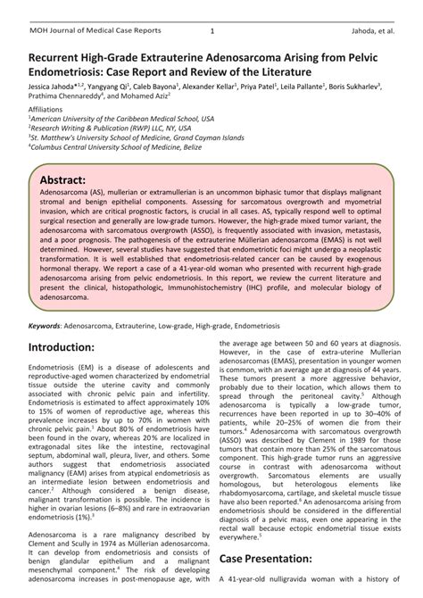 Pdf Recurrent High Grade Extrauterine Adenosarcoma Arising From Pelvic Endometriosis Case