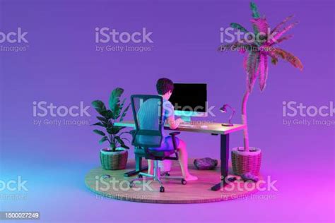 고립된 열대 섬 환경에서 Pc 사무실 작업장에 앉아 있는 남자 무한 배경 작업량 스트레스 소진 개념 3d 일러스트레이션 0명에 대한 스톡 사진 및 기타 이미지 Istock
