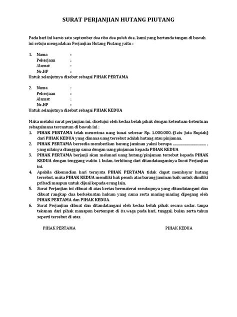 Contoh Surat Perjanjian Hutang Piutang Pdf