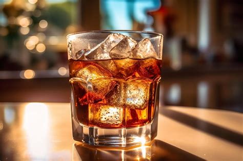 Premium Ai Image Glass Of Whiskey On A Bar Counter With Ice Cubes