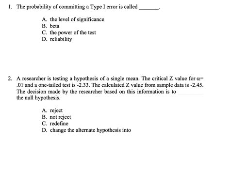1 The Probability Of Committing A Type I Error Is