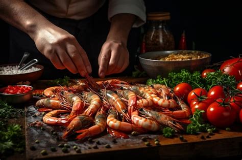 Premium Ai Image A Professional Cook Prepares Shrimp Seafood