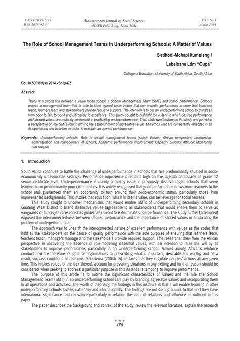 Pdf The Role Of School Management Teams In Underperforming Schools A Matter Of Values