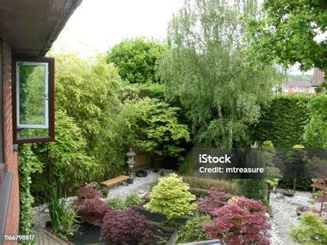 일본식 요소 잉어 연못 화강암 등불 대나무 자갈 분재 및 일본 단풍 나무 를 특징으로하는 디딤돌 통로가있는 장식 정원의 공중 보기 이미지 꽃 식물에 대한 스톡 사진 및 기타