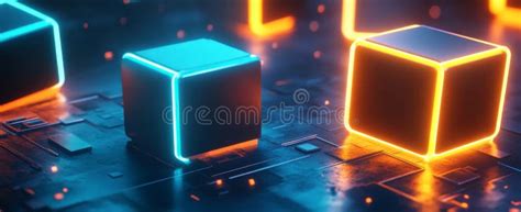 A Panoramic Background Of Dark Futuristic Cyberspace Features Digital Data Blocks As Blue Neon