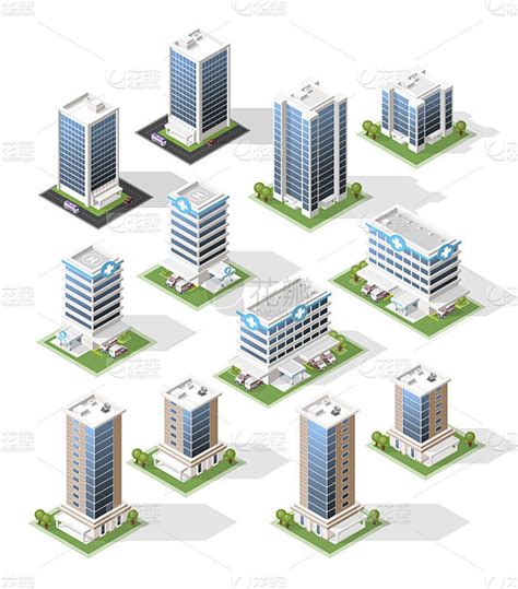 一套等距高质量的城市建筑与阴影在白色背景。孤立的向量元素