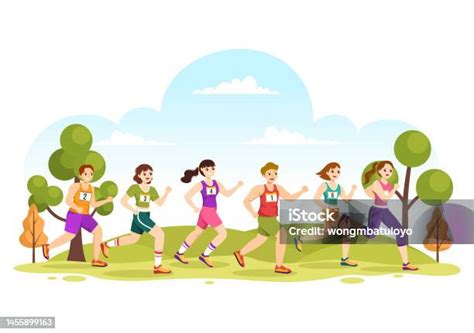 Ilustrasi Lomba Maraton Dengan Orang Berlari Turnamen Olahraga Jogging